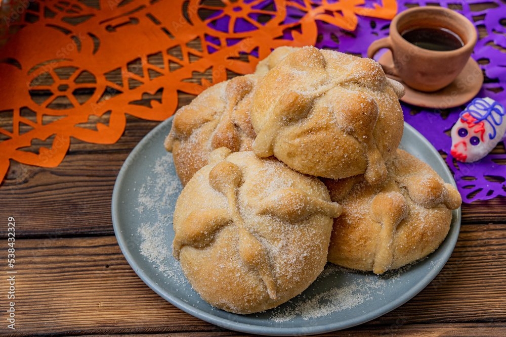 Traditional Mexican bread of the dead also known as "Pan de Muerto" on ...