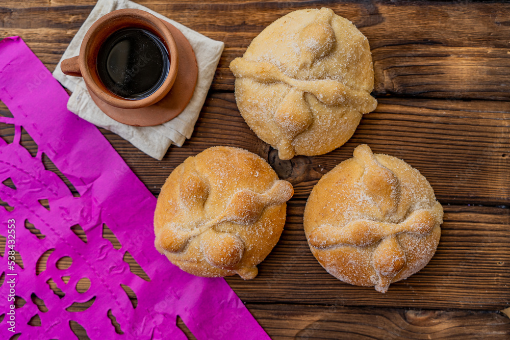Traditional Mexican bread of the dead also known as "Pan de Muerto" on ...