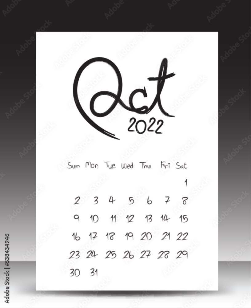 Calendar 2022 year, Lettering calendar, October 2022 template, Desk ...