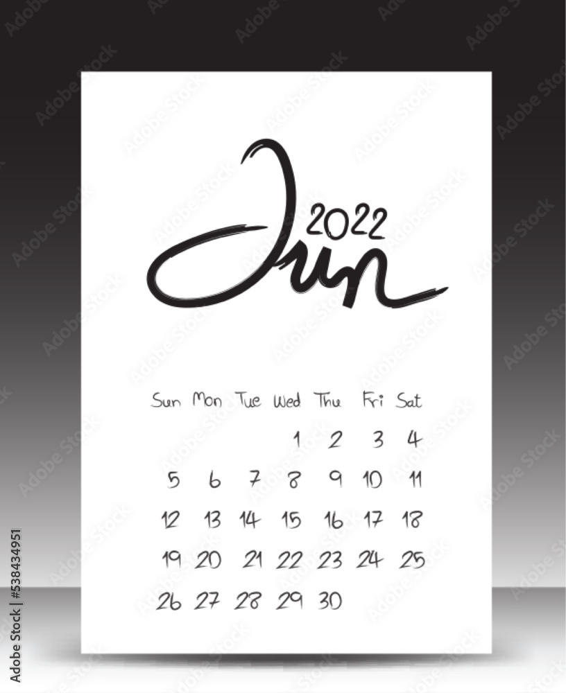 Calendar 2022 year, Lettering calendar, June 2022 template, Desk ...