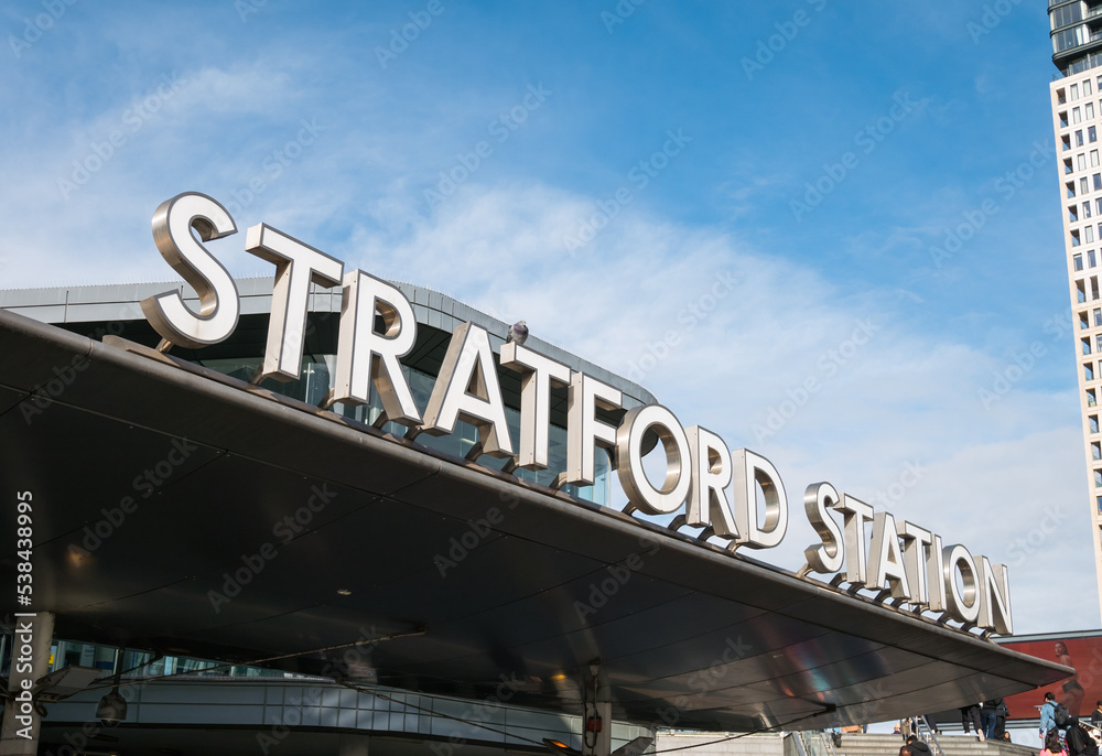 London, UK, October 15th 2022: Stratford Station train sign. Stratford is a major multi-level ...
