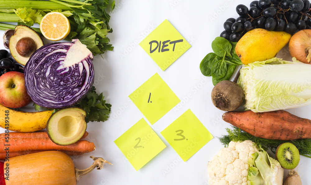 Top view of groceries and plan Healthy eating. The beginning of a diet ...