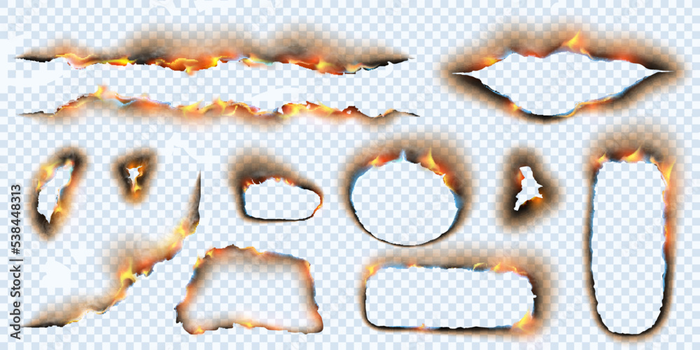 Burnt paper holes isolated set. Vector realistic fire scorched and torn ...