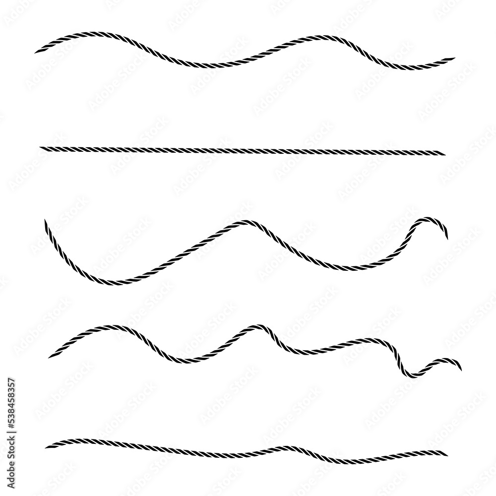 Straight and wavy rope, black monochrome silhouette. Flat vector ...