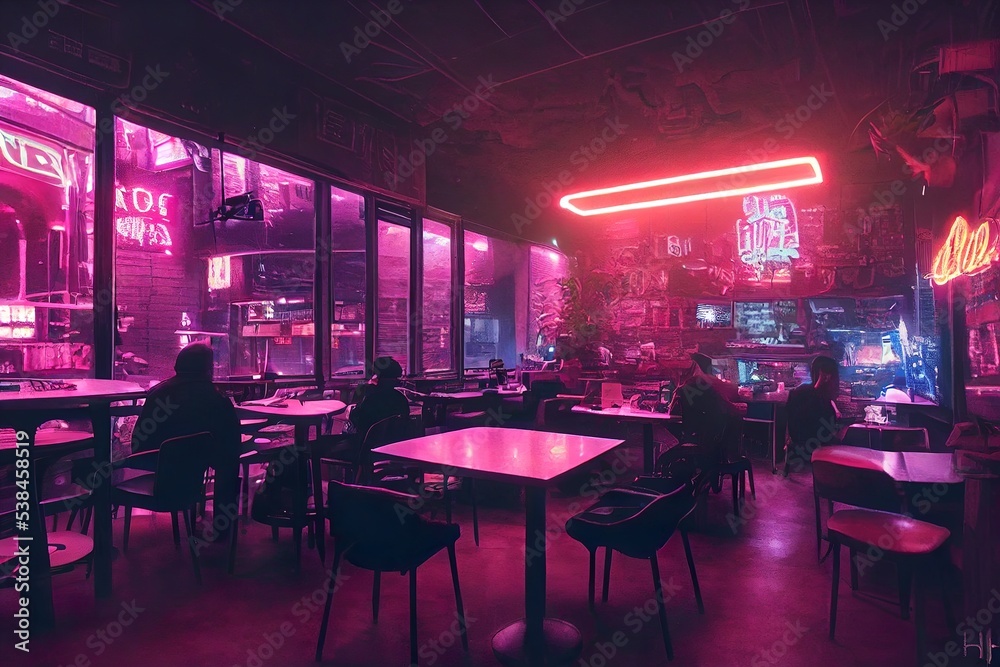 80's design synthwave futurist restaurant interior illustration Stock ...