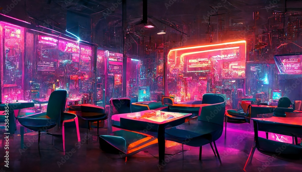 Cyberpunk restaurant interior design illustration Stock Illustration ...