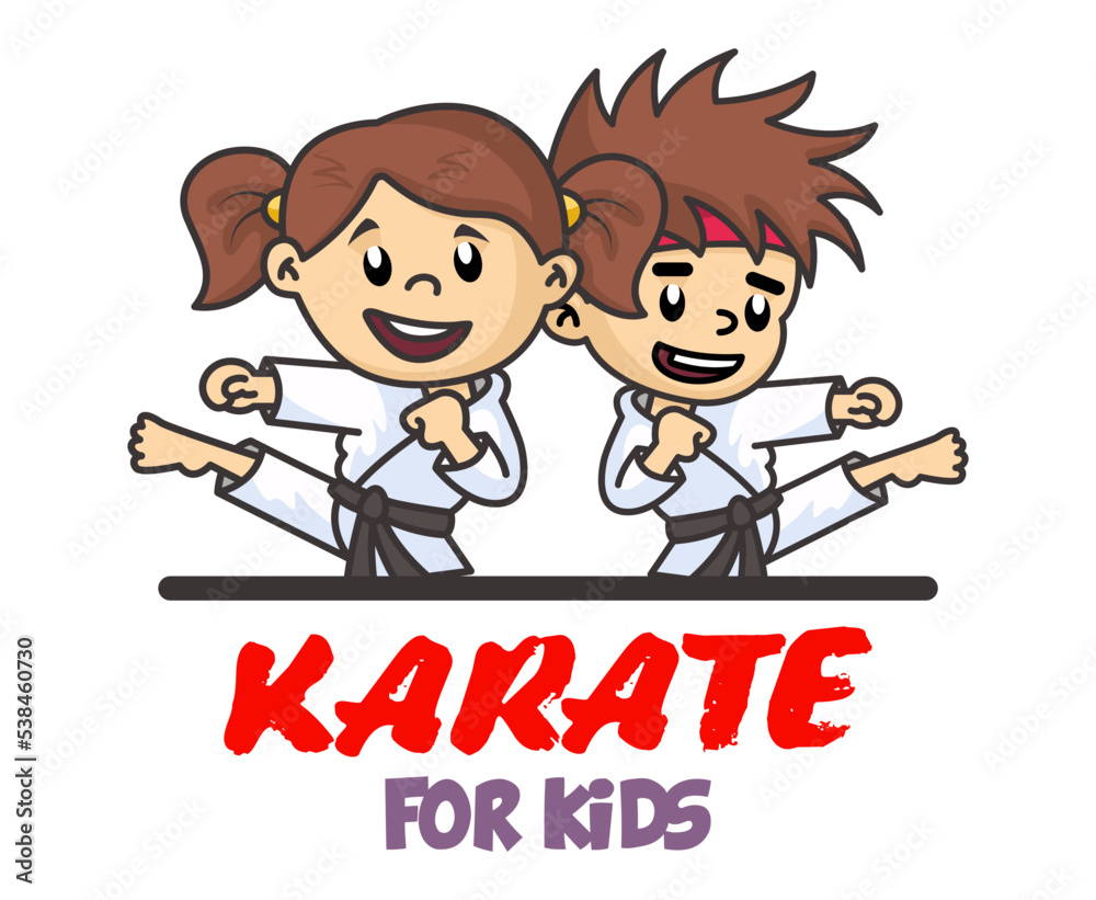 Jumping Girl and Boy in karate discipline. Martial arts school for ...