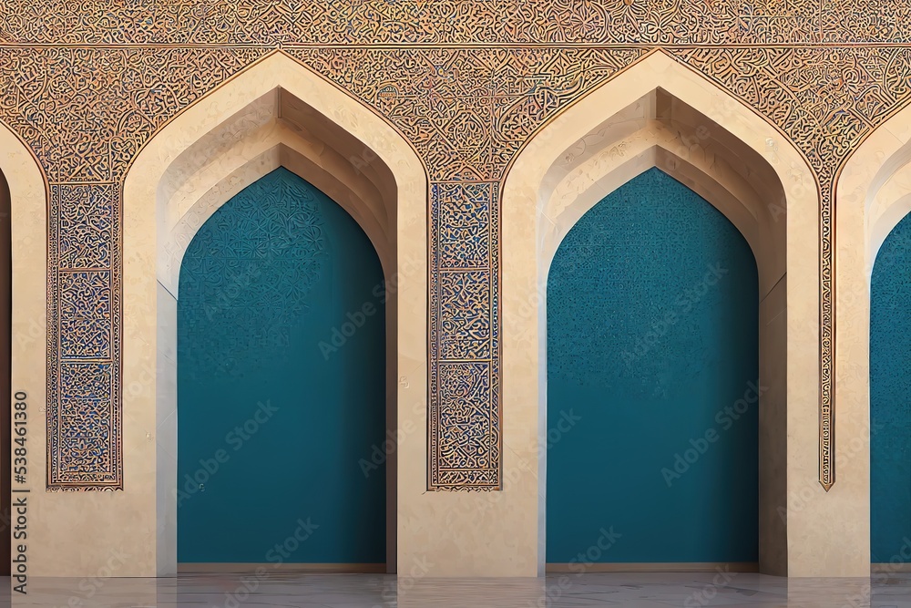 Islamic or arabic windows of mosque, castle or palace with blue color ...
