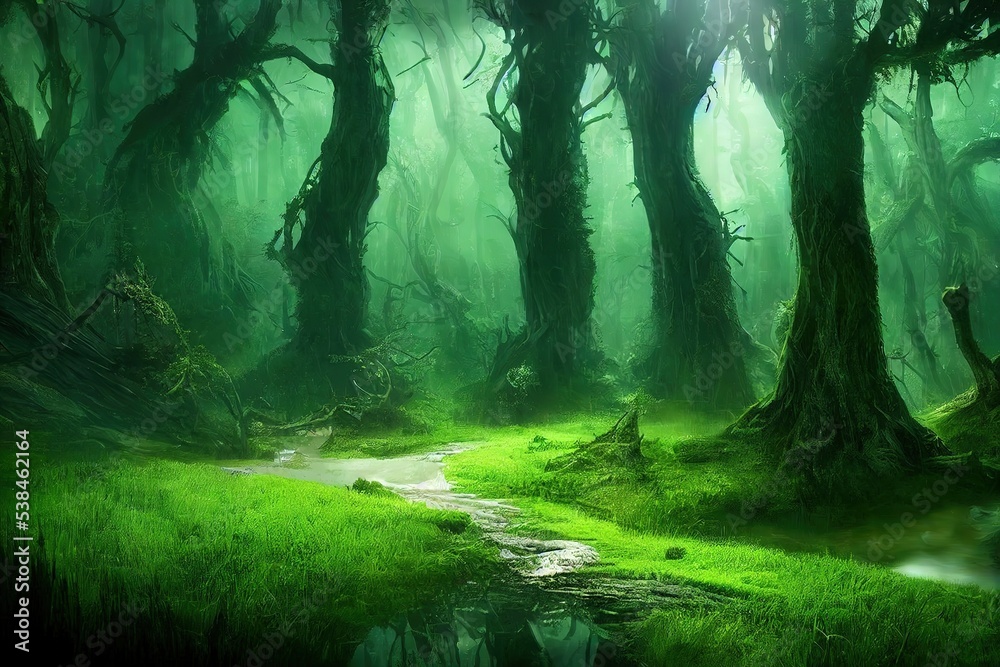 Dark night forest with magical portal to alien world with green grass ...