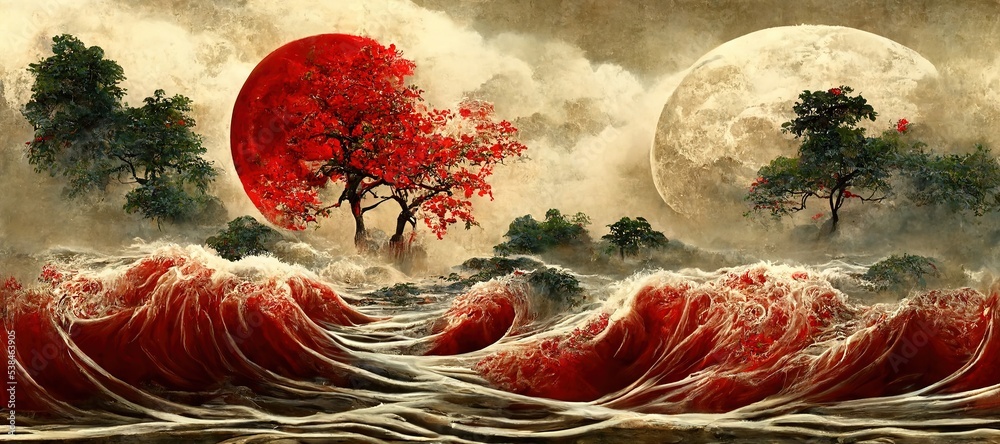 Raster illustration of the moon is made in Chinese style. The red moon ...