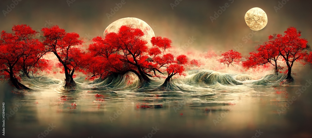 Raster illustration of the moon is made in Chinese style. The red moon ...