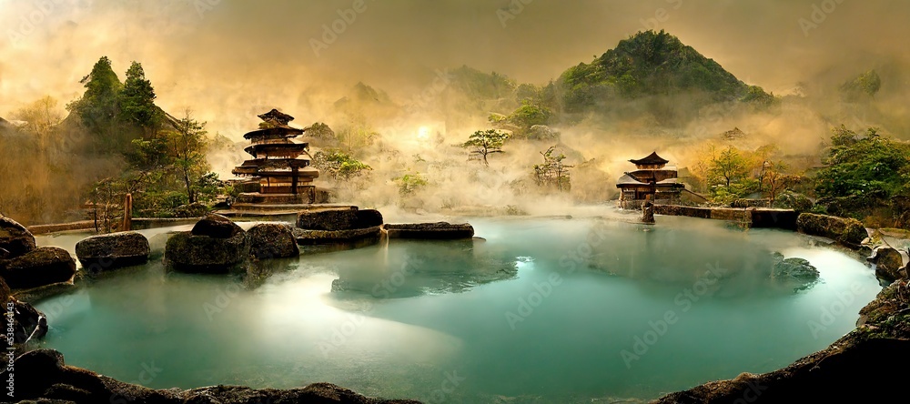 Japanese landscape spa. Japanese hot springs, ancient architecture. 3D ...