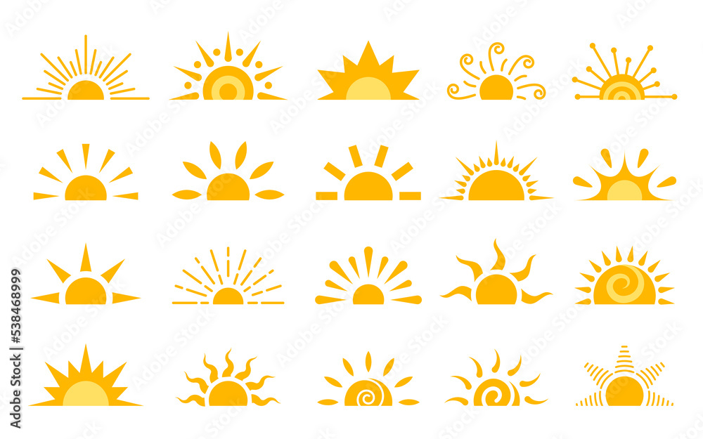 Half sun flat icon set. Logo sunrise sunset isolated on white. Various ...