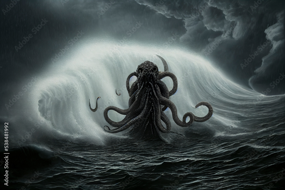 Kraken or an octopus monster in the middle of the dark ocean with black ...