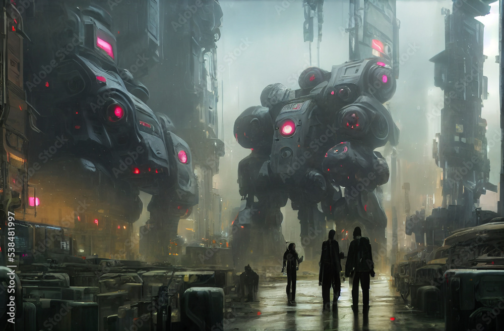A giant robot in the middle of an advanced city and there are giant ...