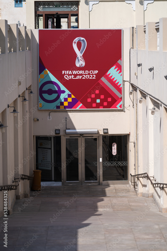 Doha, Qatar - October 14, 2022: An advertising board promoting FIFA ...