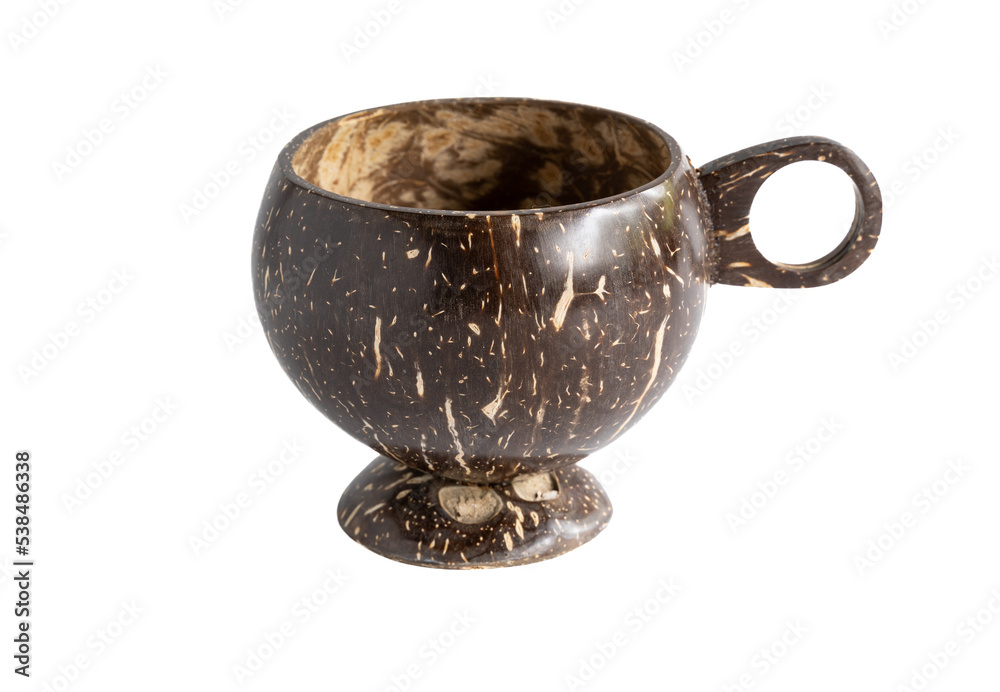 Dark brown coconut shell glass with handle and base, pattern, size and ...