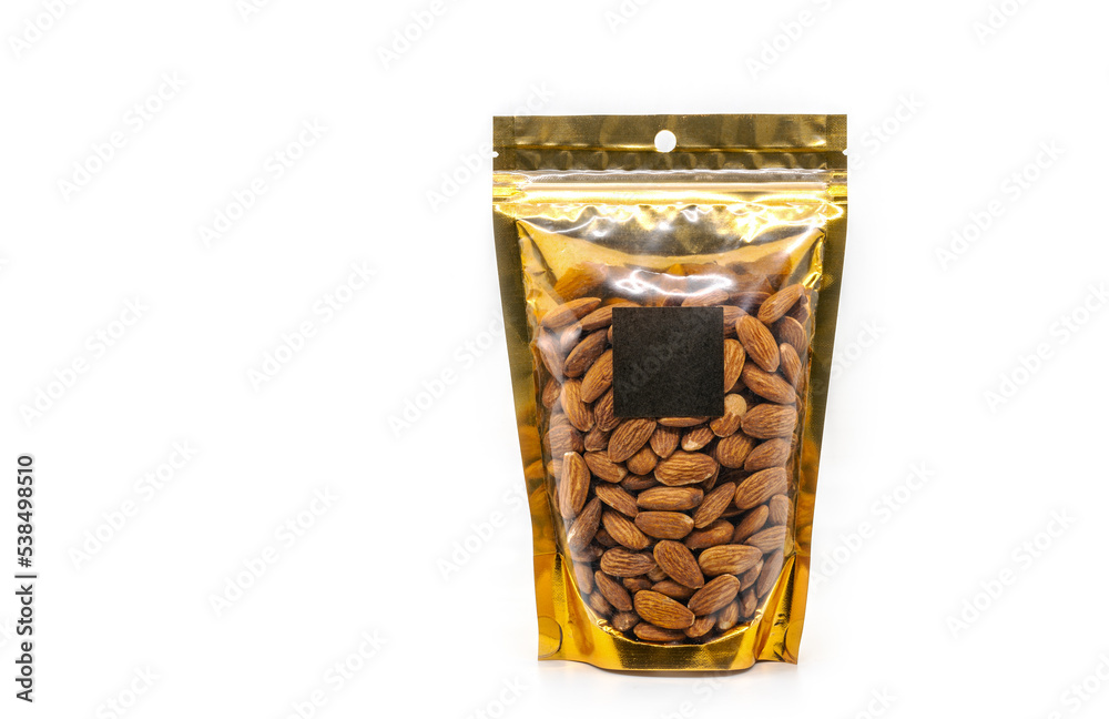 Almond nuts in window pouch packaging with plastic, golden color ...
