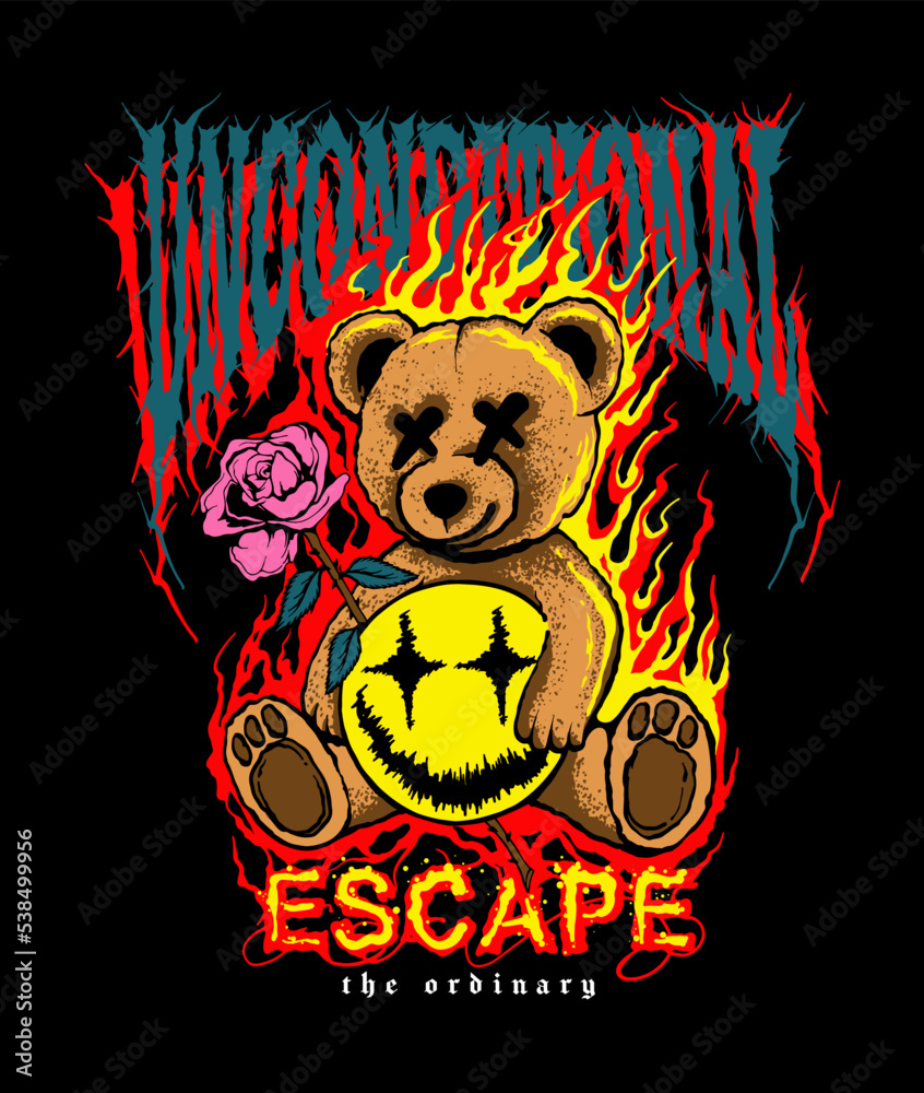 Poster teddy bear, happy emoji icon and rose with flames illustrations ...