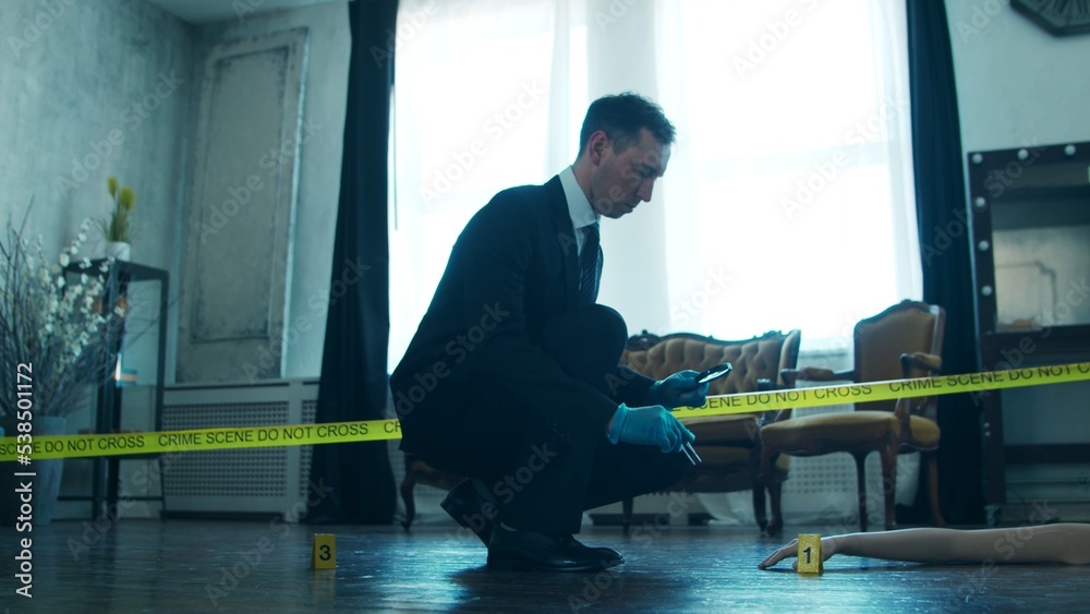 Detective Collecting Evidence in a Crime Scene. Forensic Specialists ...