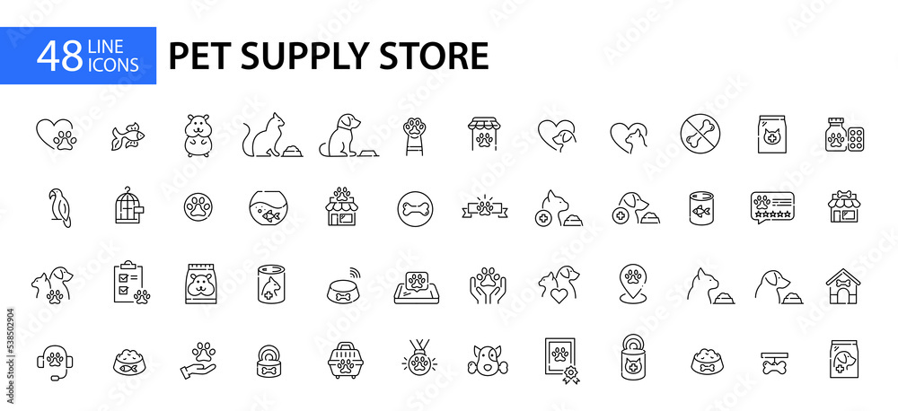 48 line art pet supply store icons. Food, veterinarian and housing ...