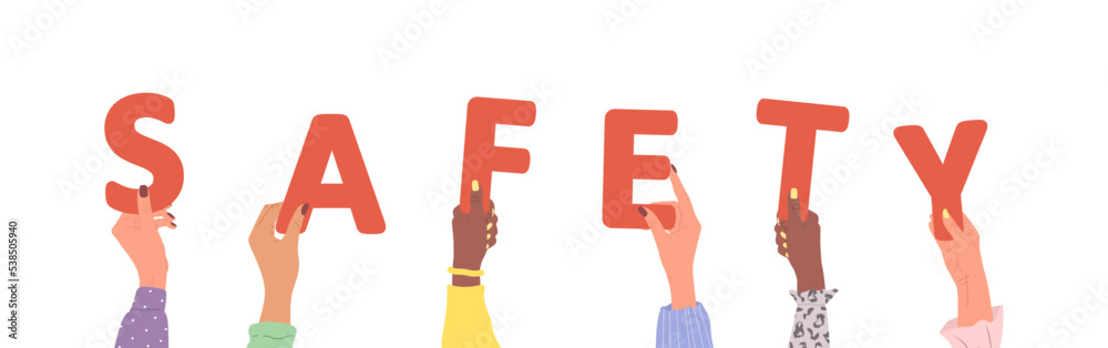 Group of different female hands holding red word Safety. Diverse multi ...