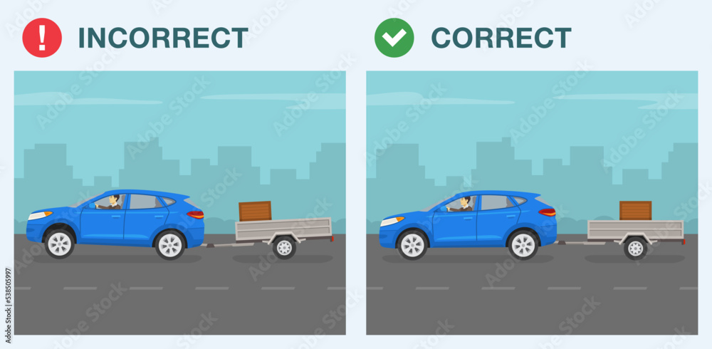 Safe driving tips. Suv car with load on a vehicle trailer. Correct and ...