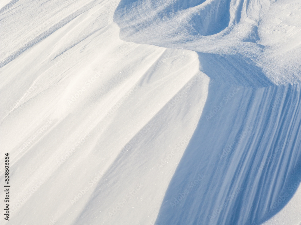 Snow texture. Wind sculpted patterns on snow surface. Wind in the ...