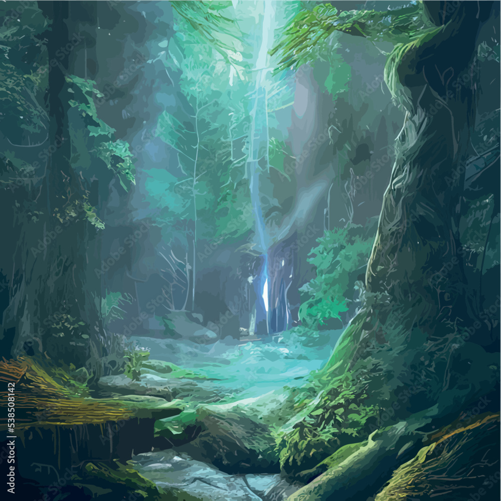 Dark forest cartoon illustration, vector, Moonlight illuminates the ...