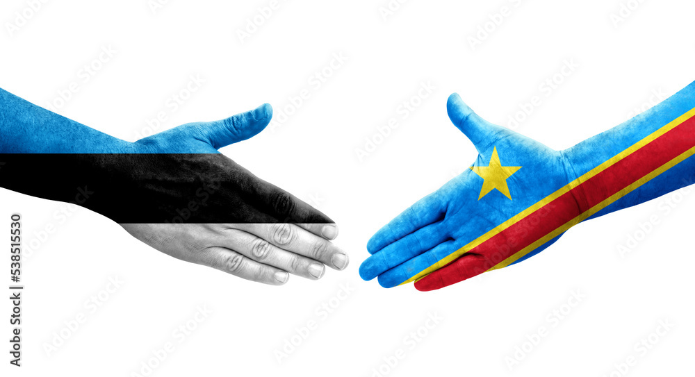 Handshake between Dr Congo and Estonia flags painted on hands, isolated ...
