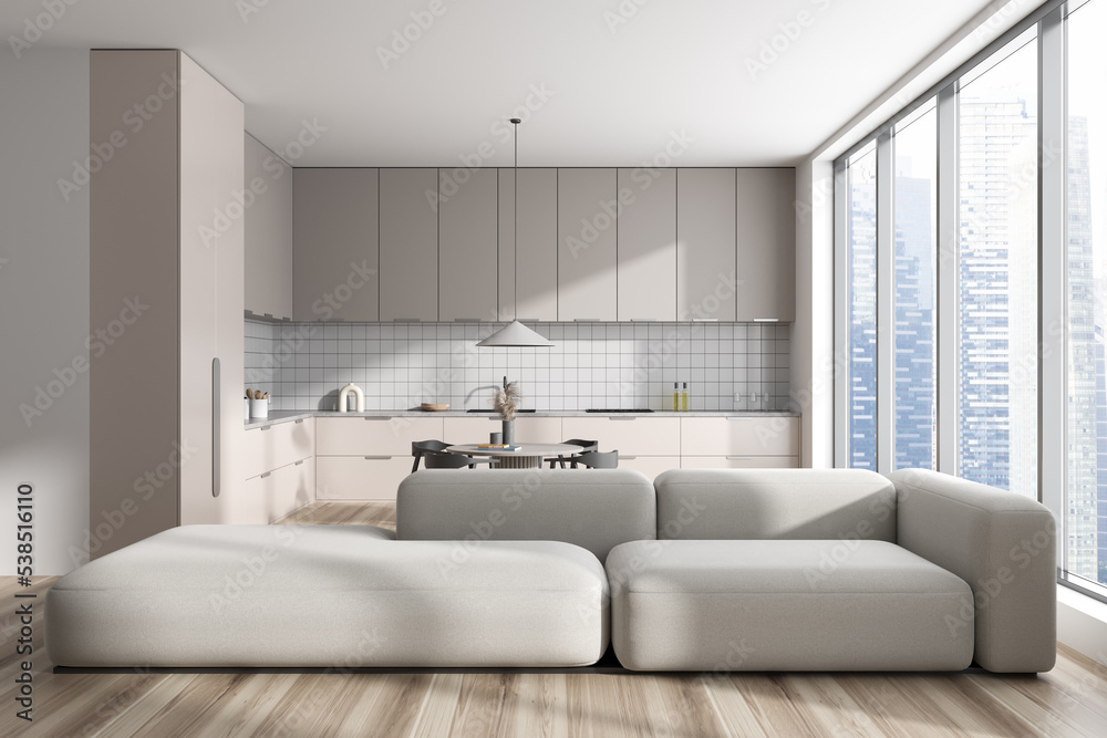 Luxury studio interior with soft place and eating area, panoramic ...