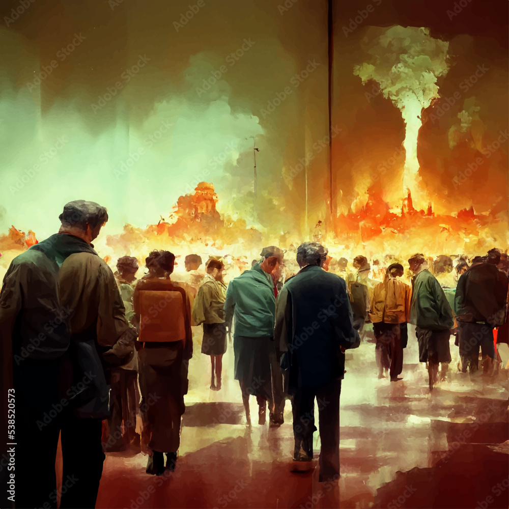 People look at the mushroom from the explosion of a nuclear bomb over ...