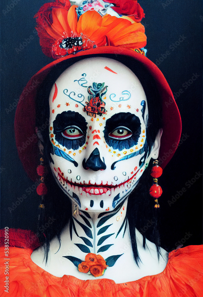 Parca. Huesuda Catrina de día de muertos. Retrato de catrina. Mujer con ...