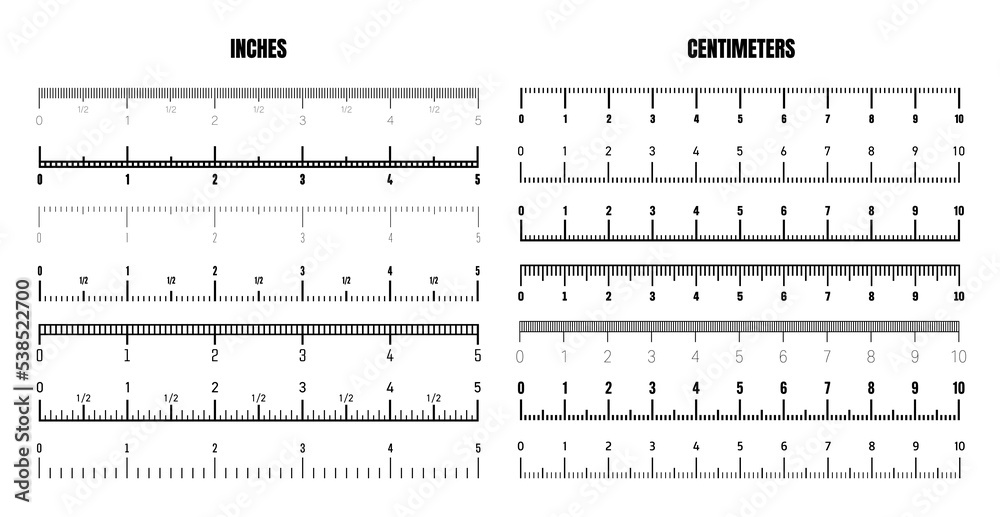 Realistic black centimeter and inch scale for measuring length or ...