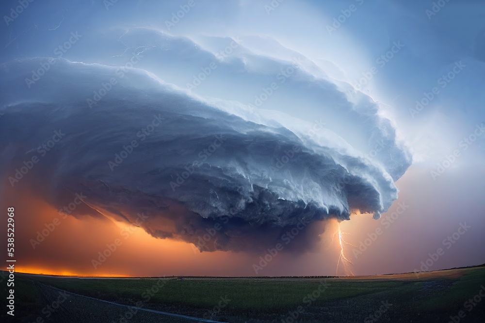 Supercell thunderstorm. Dramatic storm clouds and lightning bolt over ...