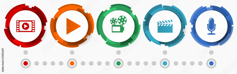 Video concept vector icon set, flat design web buttons, movie and ...
