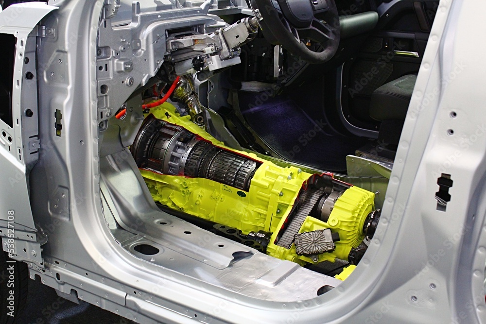 Partially opened gear-box on demonstration framework of Land Rover ...