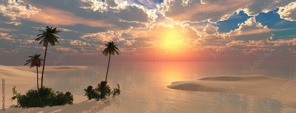 Oasis, body of water with palm trees in the sand desert at sunset, palm ...