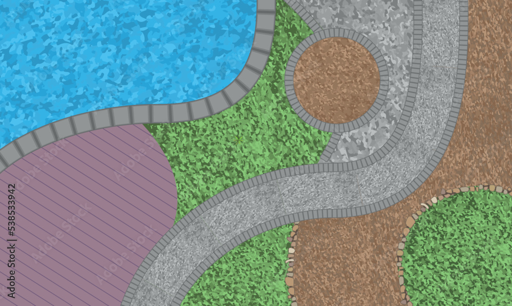 Landscaping in the garden with a path and a swimming pool. Top view ...