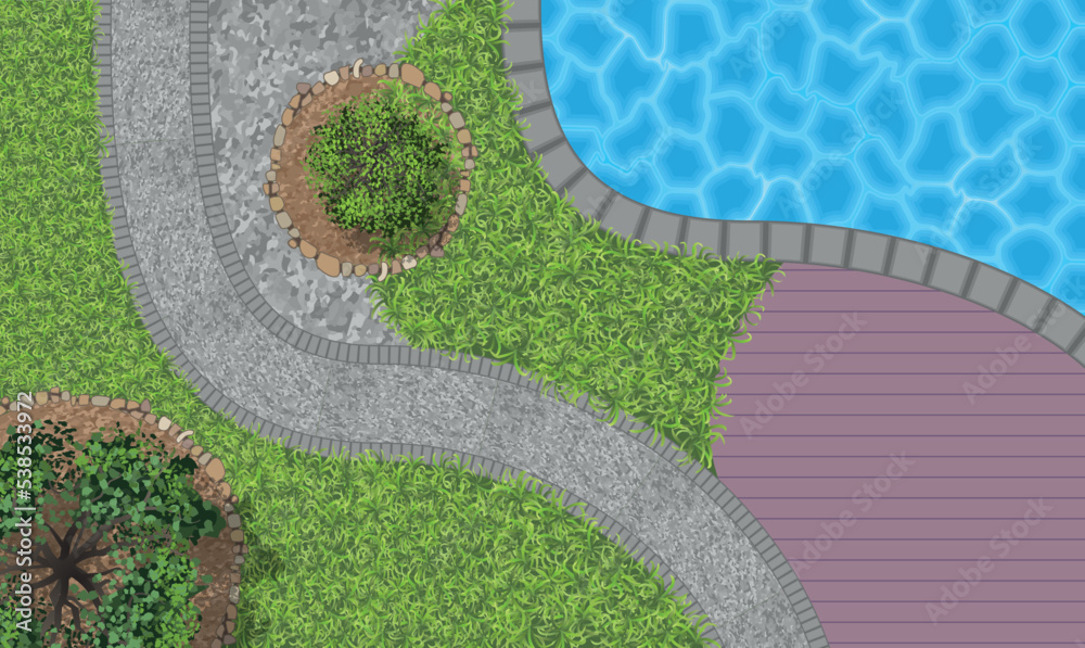 Landscaping in the garden with a path and a swimming pool. Top view ...