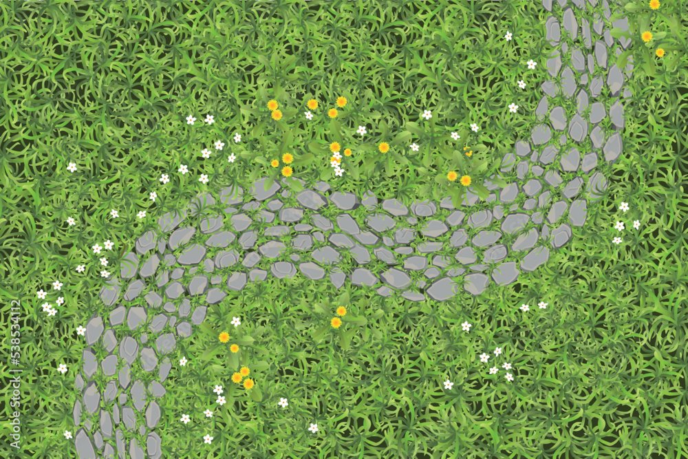 Landscape design. Stone pavement with grass. Top view. Walkway ...