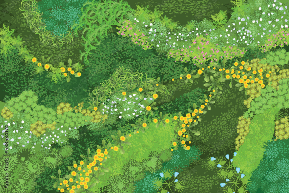 Modern garden design with flowers. Top view. Spring meadow with ...