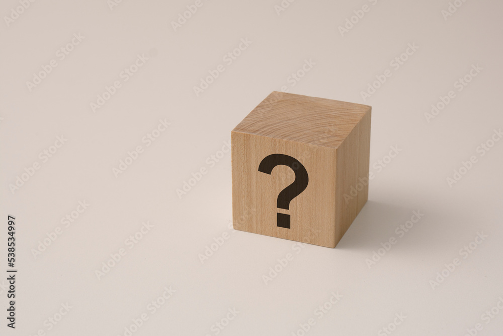 natural wooden cube with question mark on white background Stock Photo ...