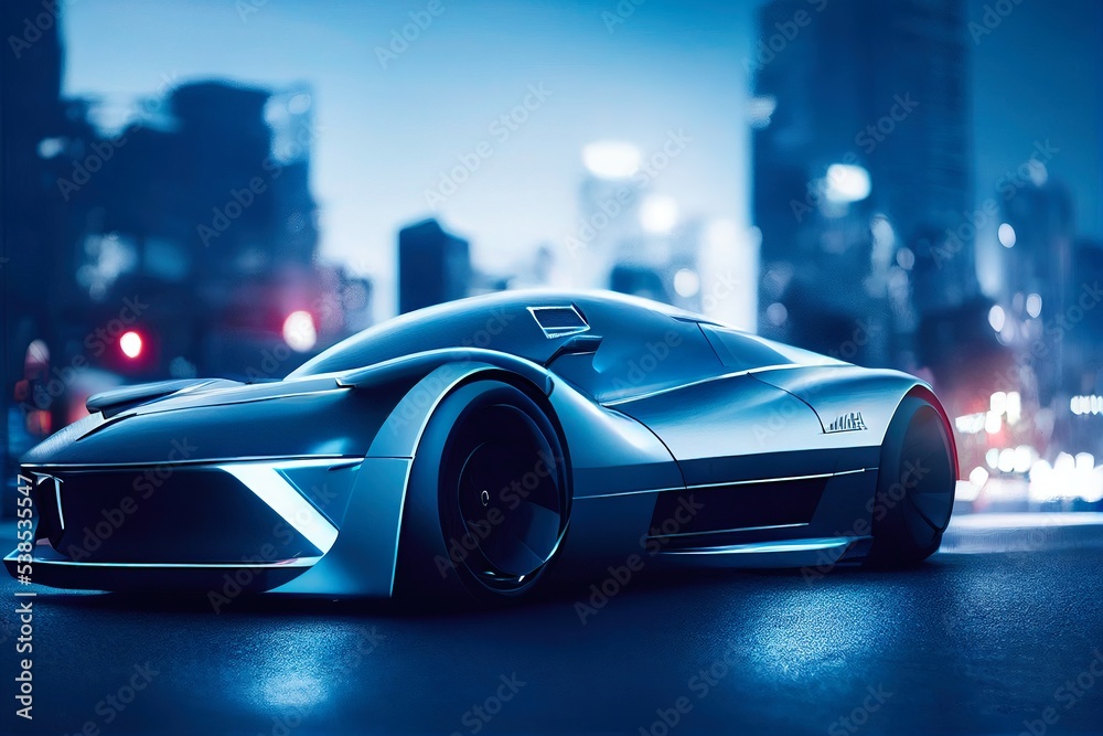 Image of a futuristic car against the backdrop of the city of the ...