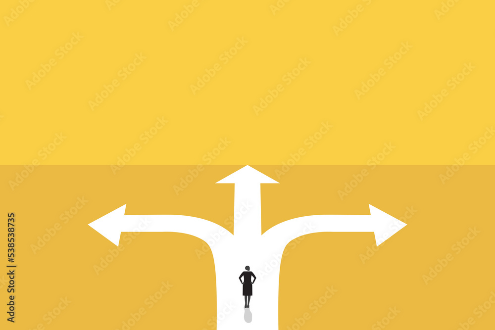 business woman stand in front of a crossroad with road split in three ...
