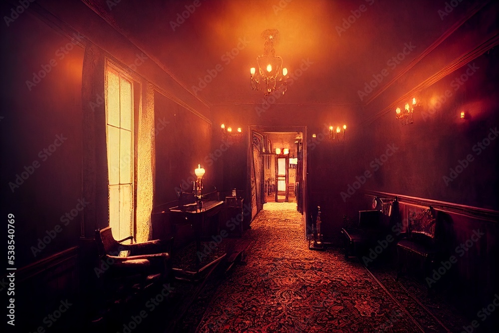 Victorian mansion creepy hallway interior illustration Stock ...