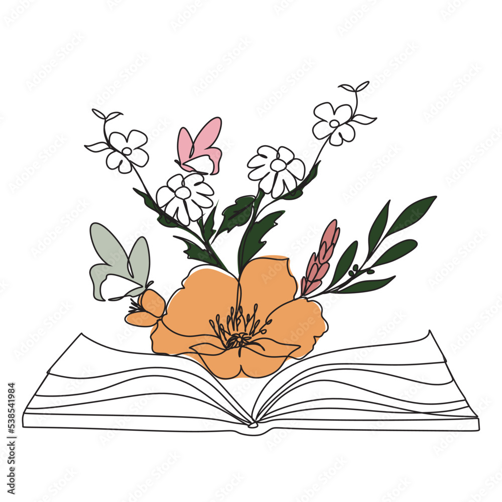 An open book from which flowers grow one linre. One line art. School ...
