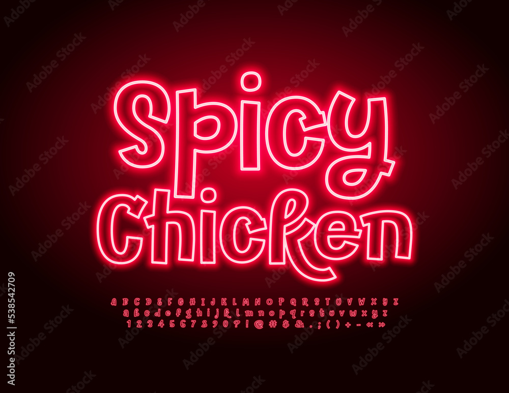 Vector electric sign Spicy Chicken. Bright glowing Alphabet Letters ...
