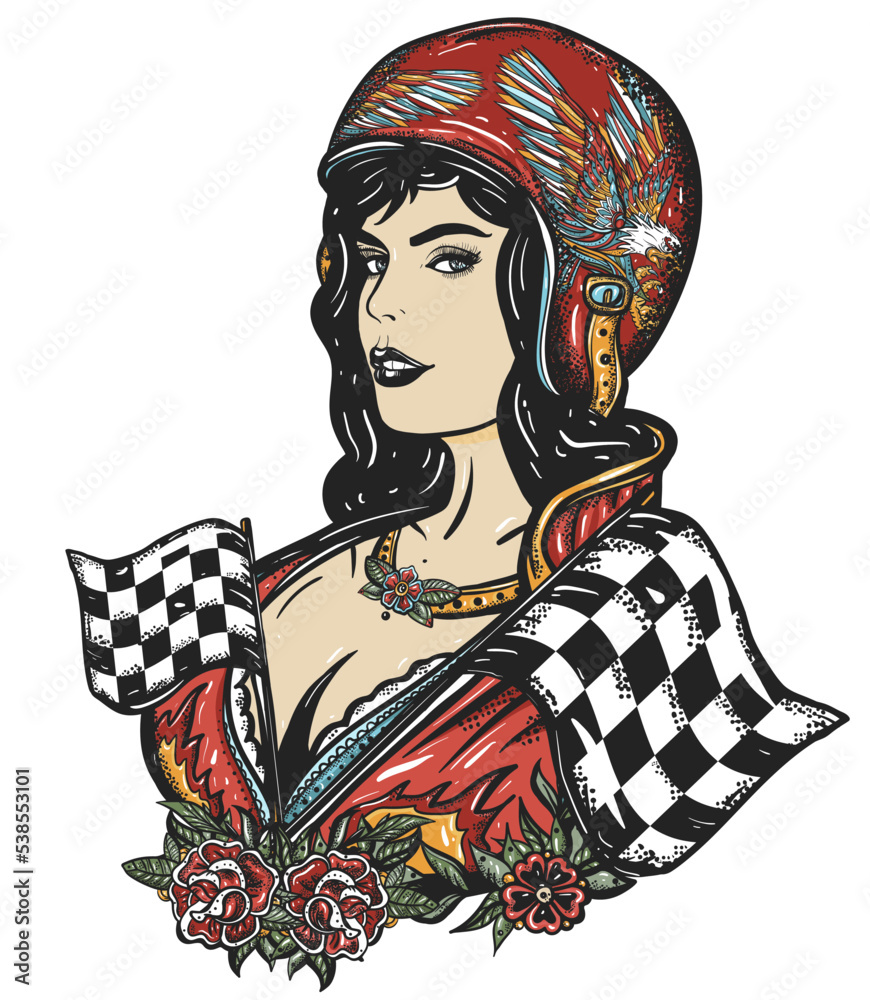 Biker Girl Pin Up Moto Sport Woman Lifestyle Of Racers Old School Tattoo Vector Art Hand