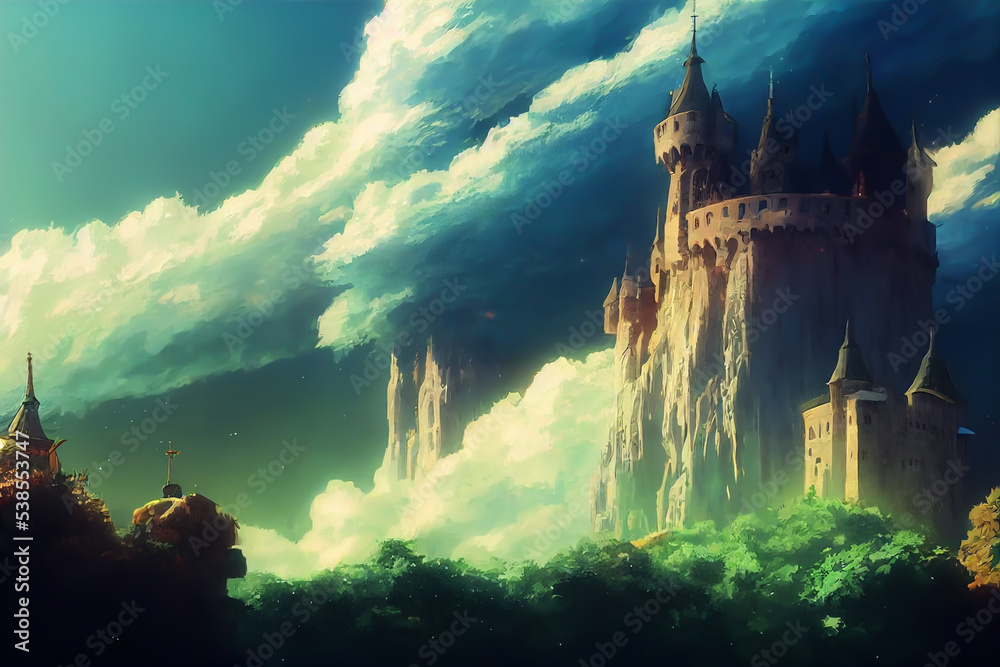 A digital illustration of a fantasy castle built on high ground. Epic ...